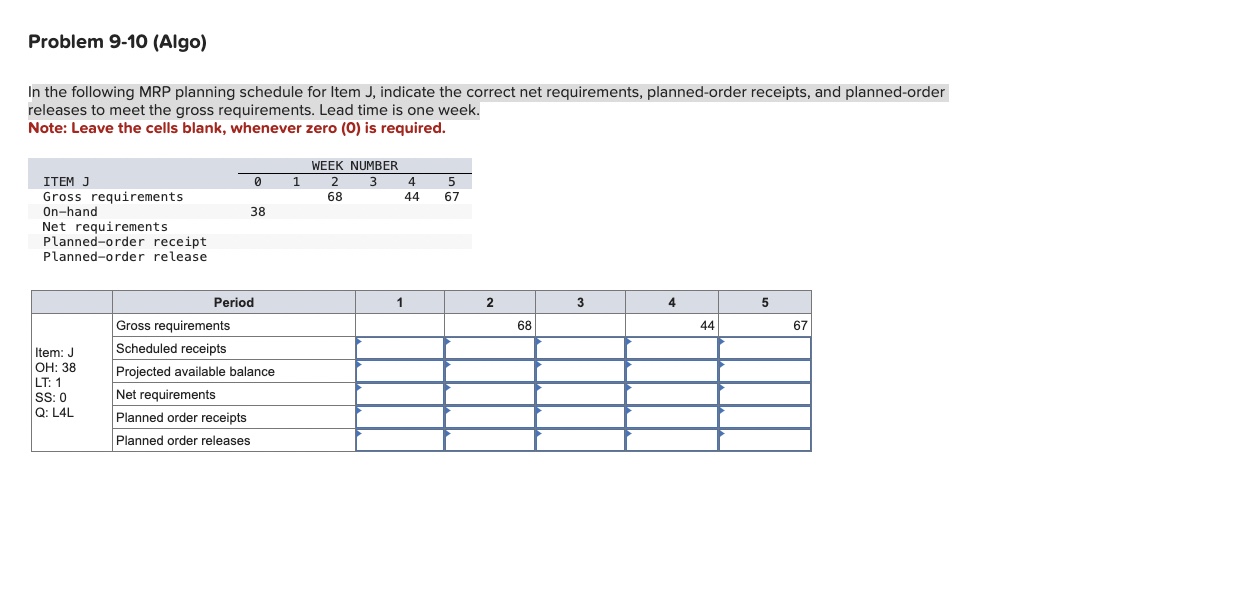Solved Problem 9-10 (Algo)In the following MRP planning | Chegg.com