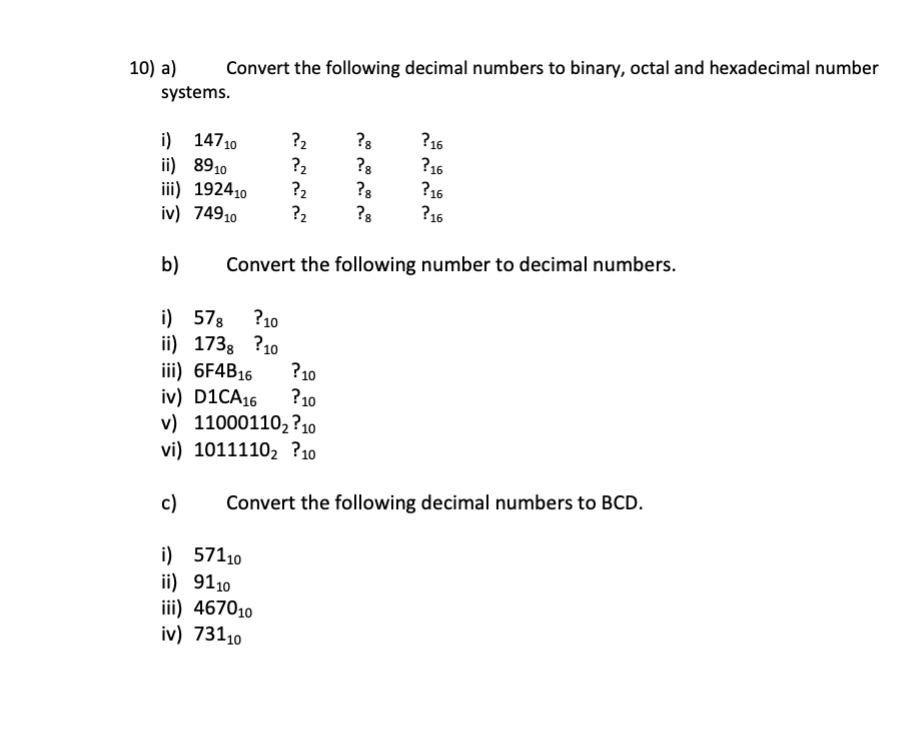 10) a) Convert the following decimal numbers to | Chegg.com