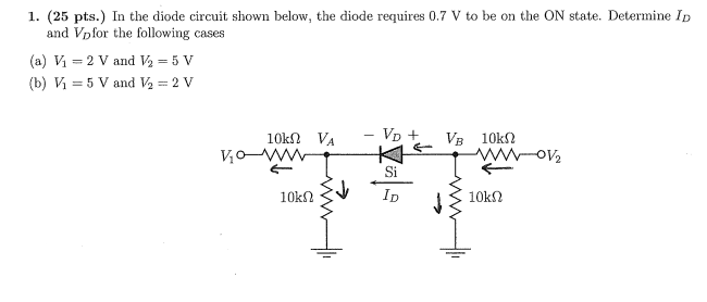 Solved 1. (25 pts.) In the diode circuit shown below, the | Chegg.com