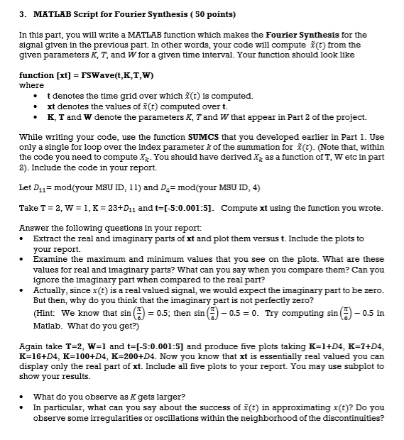 3. MATLAB Script for Fourier Synthesis ( 50 points) | Chegg.com