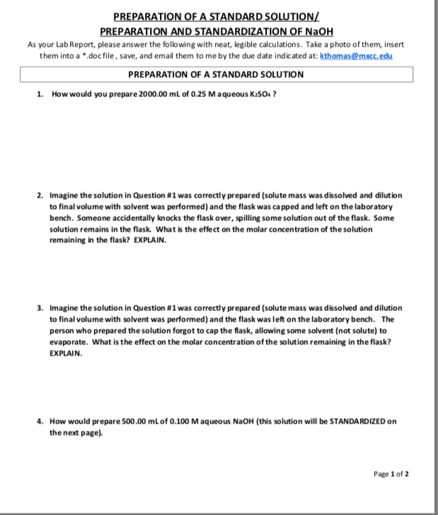 Solved PREPARATION OF A STANDARD SOLUTION/ PREPARATION AND | Chegg.com