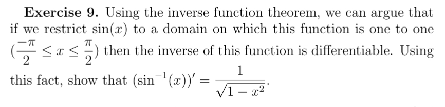 Solved -T Exercise 9. Using the inverse function theorem, we | Chegg.com