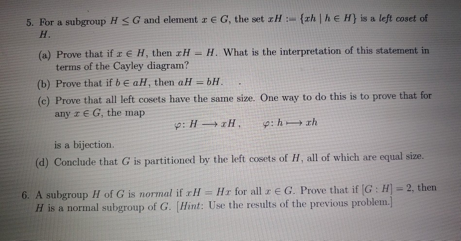 Solved G and element r e G, the set H-(ch | h e H is a left | Chegg.com