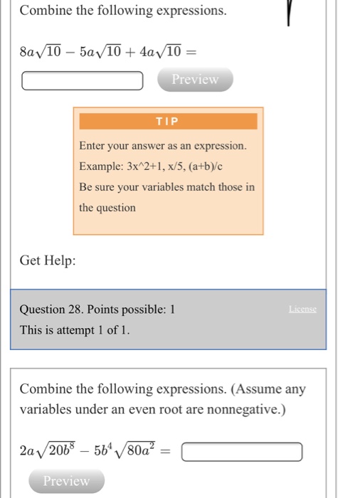 Solved Combine the following expressions. Preview TIP Enter | Chegg.com