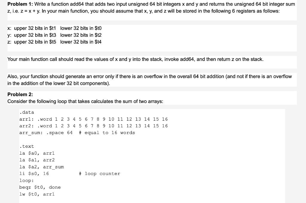 Solved Problem 1: Write a function add64 that adds two input | Chegg.com