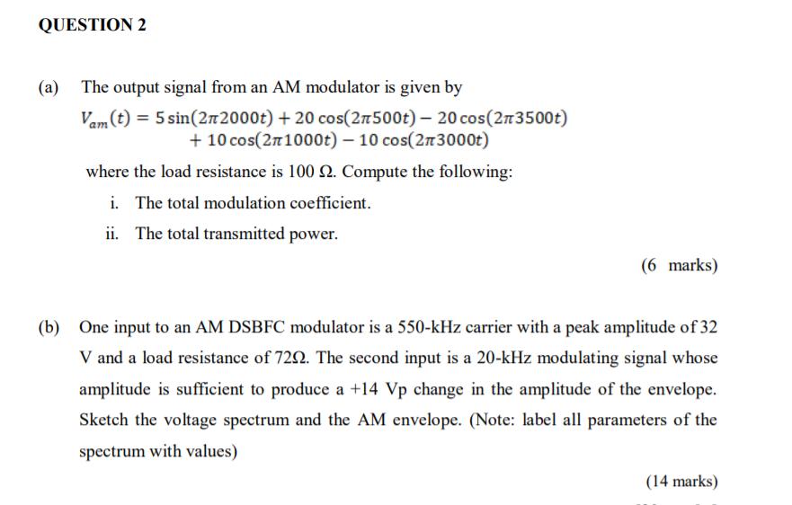 Solved QUESTION 2 (a) The output signal from an AM modulator | Chegg.com