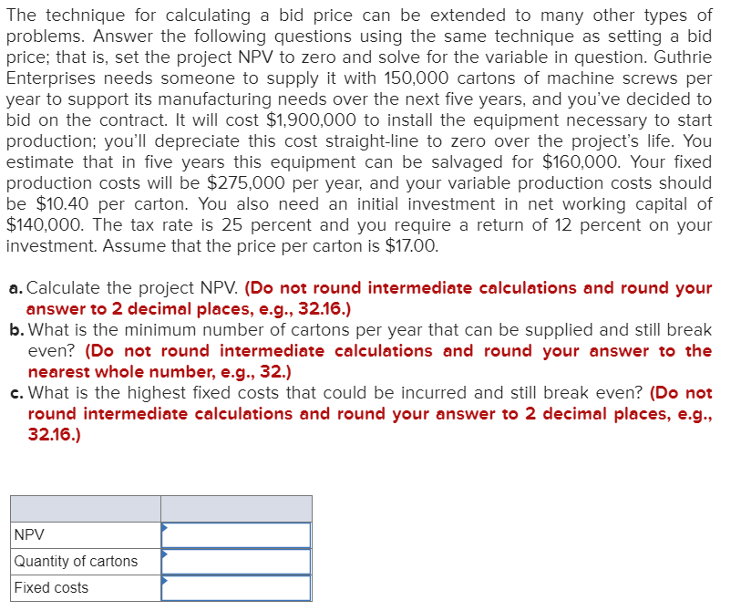 Solved The technique for calculating a bid price can be | Chegg.com