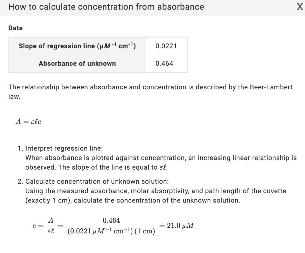 Solved How To Calculate Concentration From Absorbance Data Chegg