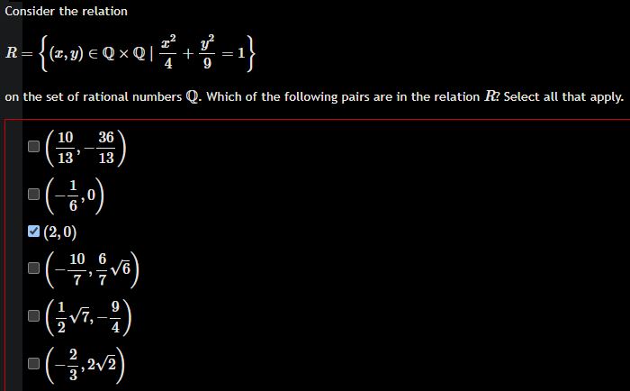 Solved Consider the relationR={(x,y)inQ×Q|x24+y29=1}on ﻿the | Chegg.com