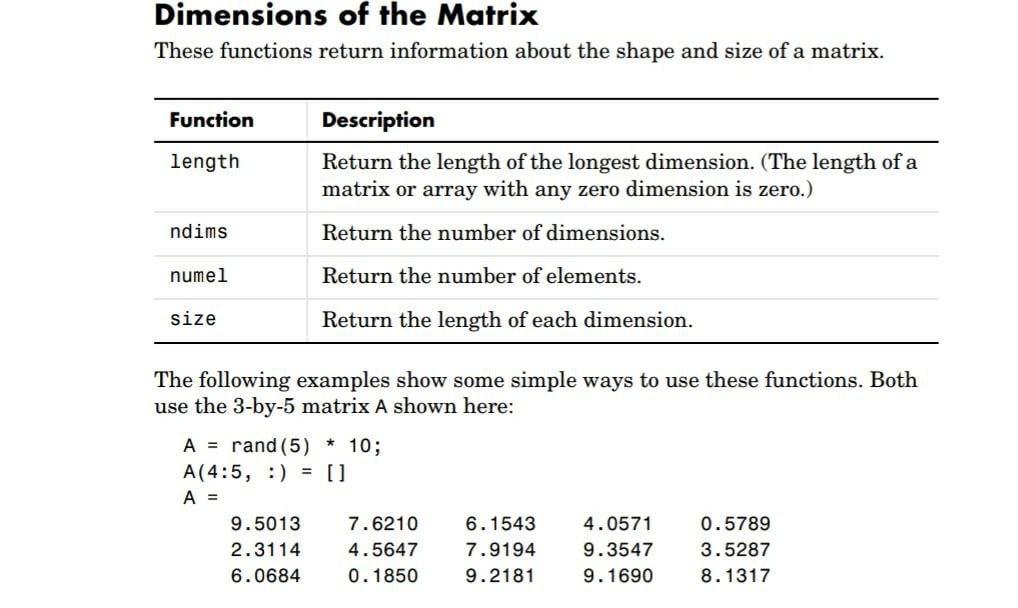 Solved Dimensions of the Matrix These functions return | Chegg.com