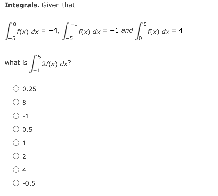 Solved Integrals. Given that ∫−50f(x)dx=−4,∫−5−1f(x)dx=−1 | Chegg.com