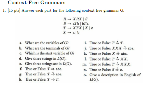 Context-Free Grammars 1. (15 pts) Answer each part | Chegg.com