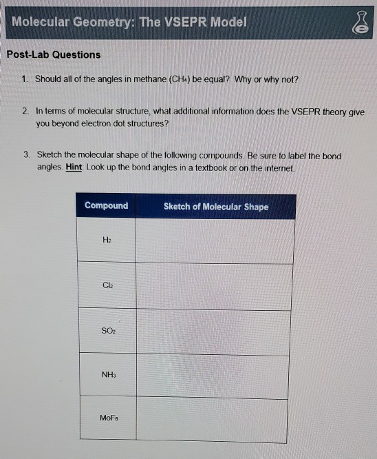 Solved Molecular Geometry: The VSEPR Model Post-Lab | Chegg.com