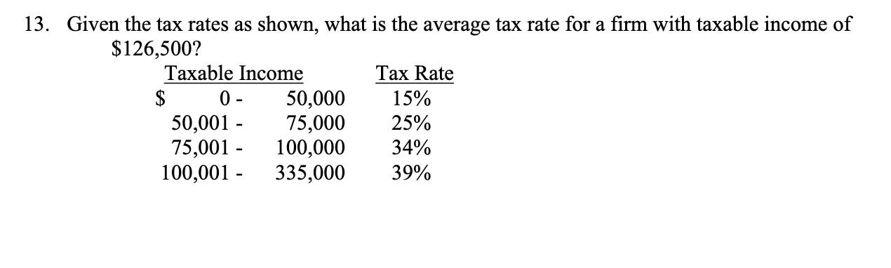 Solved 13. Given the tax rates as shown, what is the average | Chegg.com