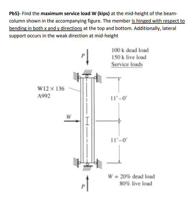 Solved Pb5)- Find the maximum service load W (kips) at the | Chegg.com