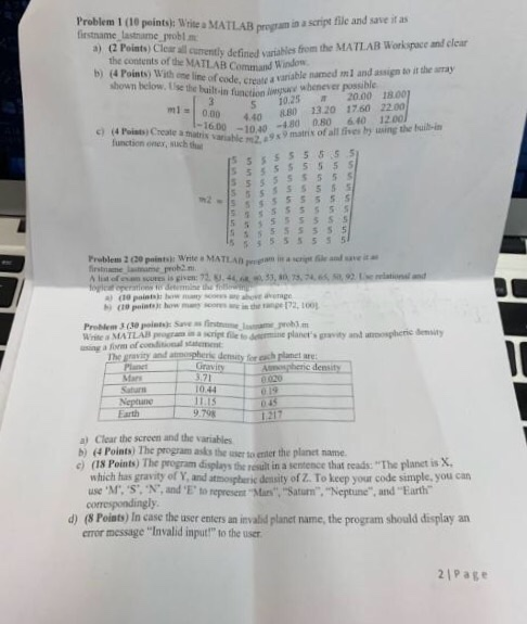 Solved Problem 1 (10 pointsj: Write a MATLAB firstname | Chegg.com