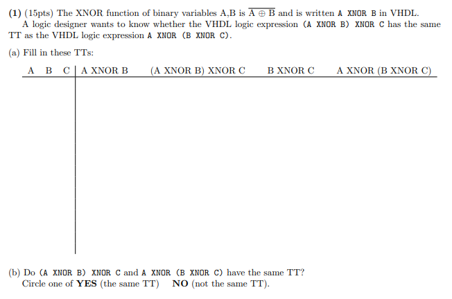 Solved (1) (15pts) The XNOR function of binary variables A,B | Chegg.com