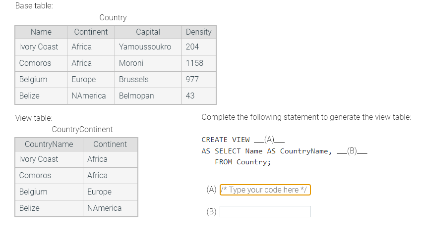 Solved Base table: Country View table: CountryContinent | Chegg.com