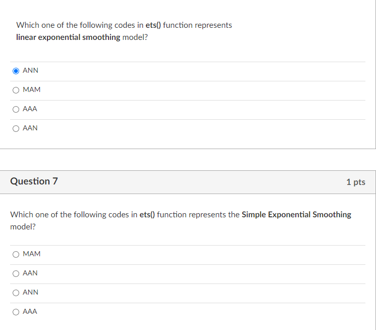 Solved Which one of the following codes in ets() function | Chegg.com