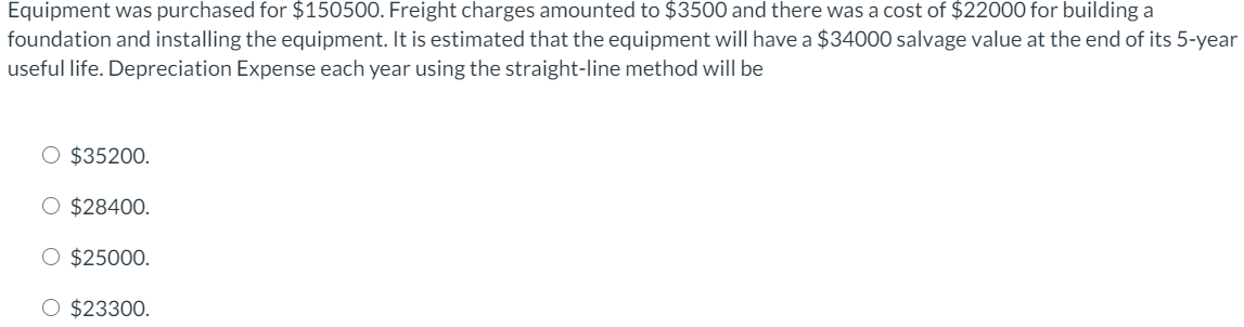 Solved Equipment was purchased for $150500. Freight charges | Chegg.com