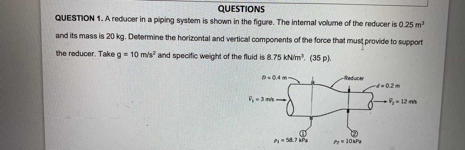 Solved QUESTIONS QUESTION 1. A reducer in a piping system is | Chegg.com