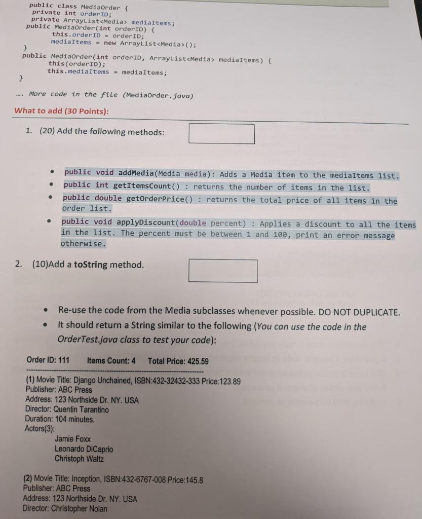 public class MediaOrder { private int orderID; | Chegg.com