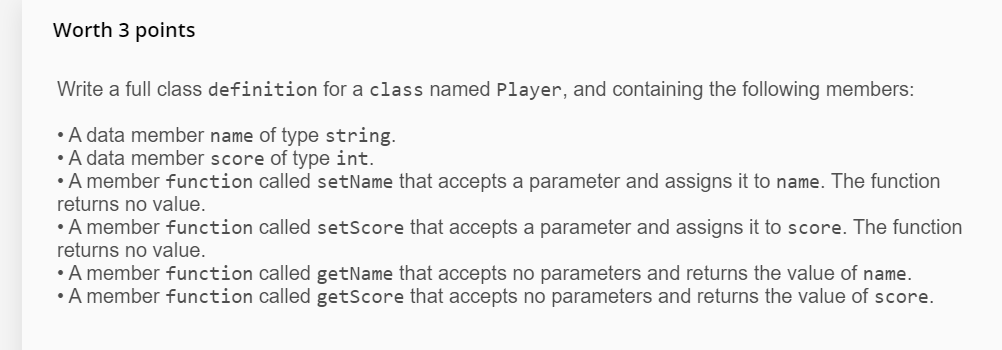 Solved Worth 3 points Write a full class definition for a | Chegg.com