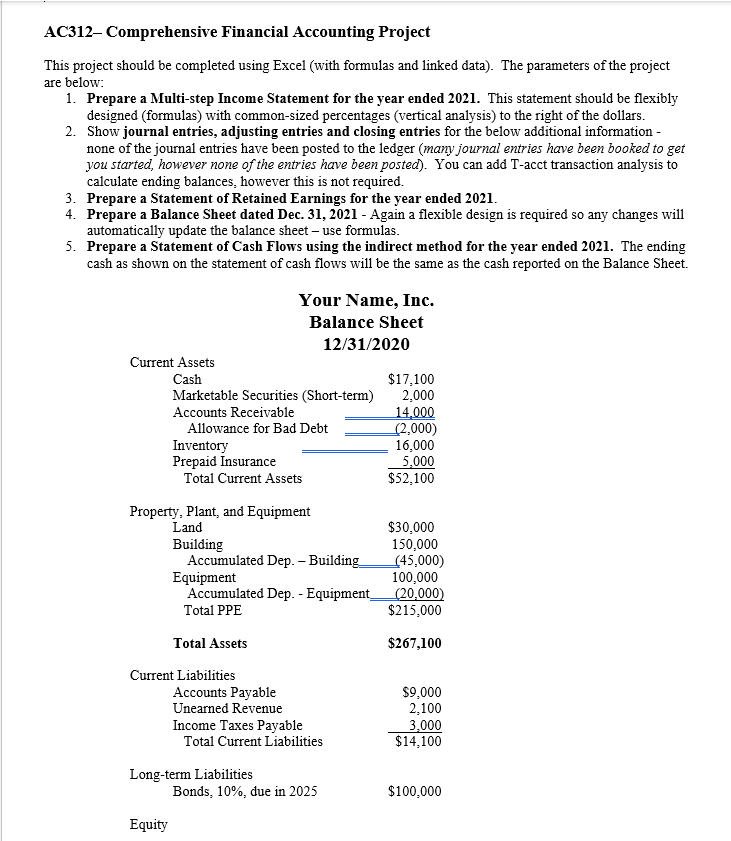 Solved AC312- Comprehensive Financial Accounting Project | Chegg.com