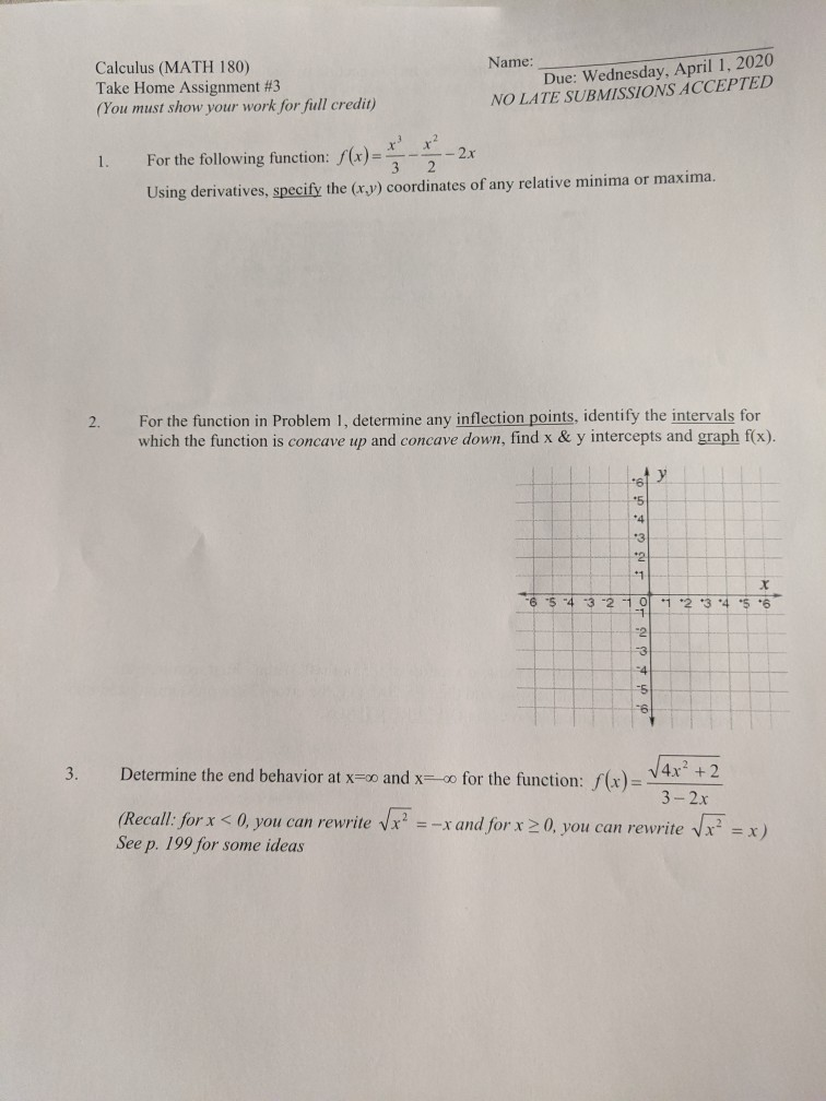 Solved Name: Calculus (MATH 180) Take Home Assignment #3 | Chegg.com