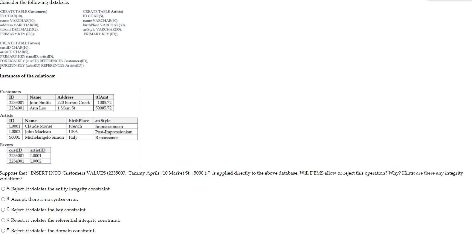 Solved Consider the following database. CREATE TABLE | Chegg.com
