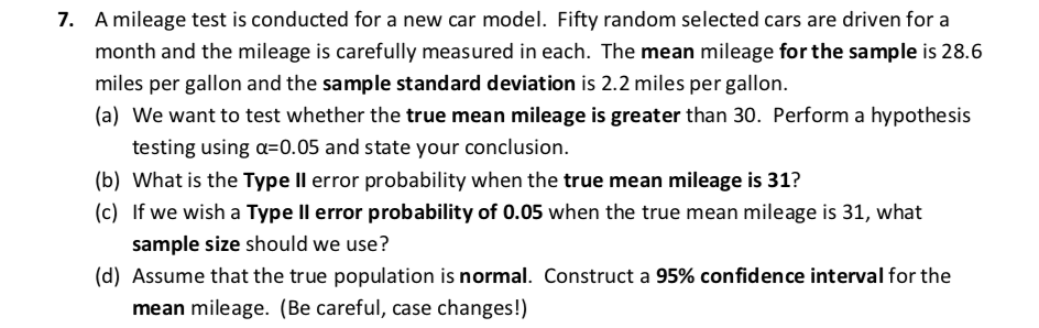 Solved A mileage test is conducted for a new car model. | Chegg.com