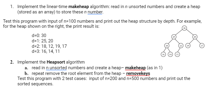 Implement The Linear Time Makeheap Algorithm Read In N Unsorted Numbers And Create A Heap 