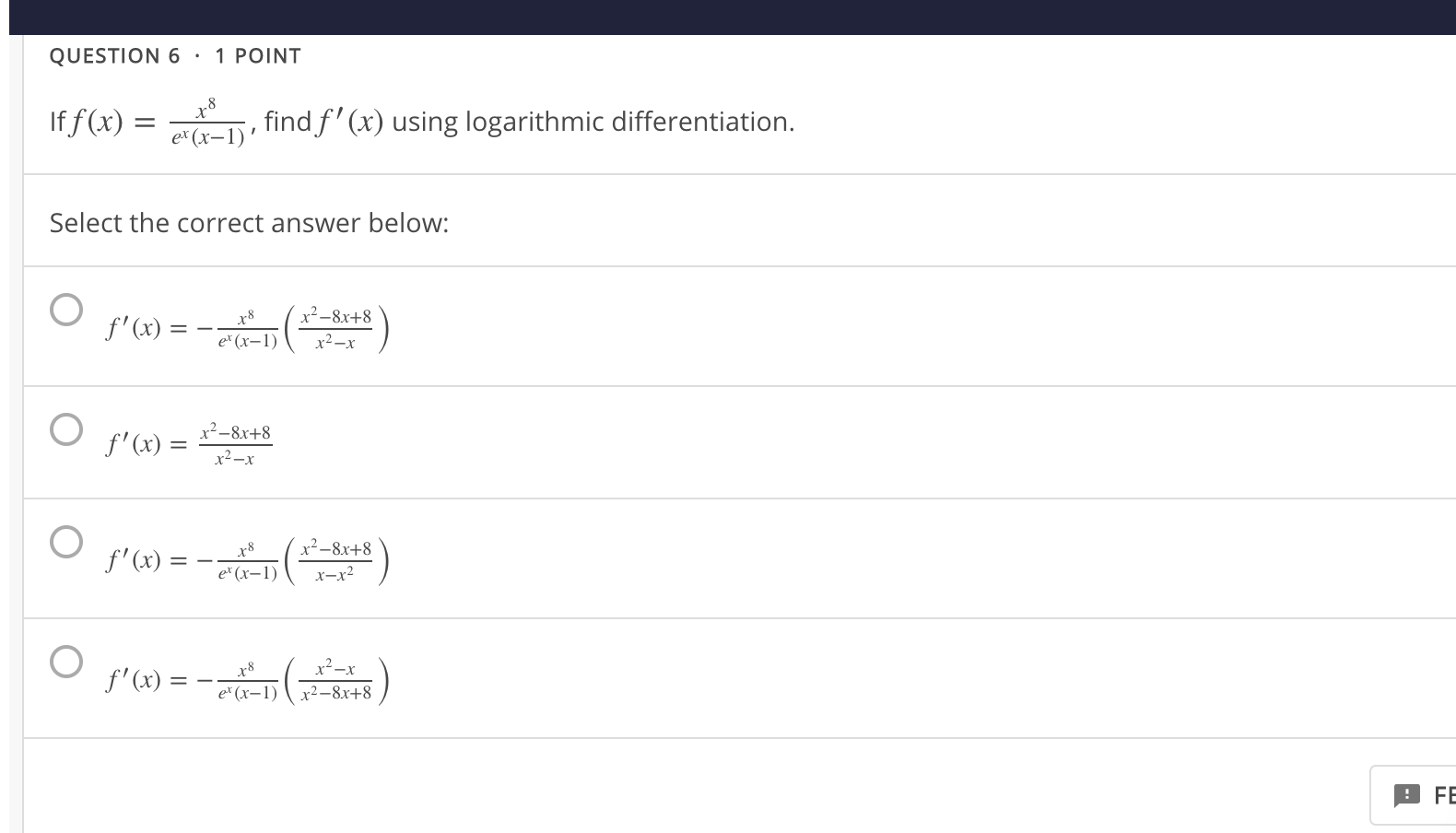 Solved QUESTION 6 · 1 POINT If f(x) = atten, find f'(x) | Chegg.com