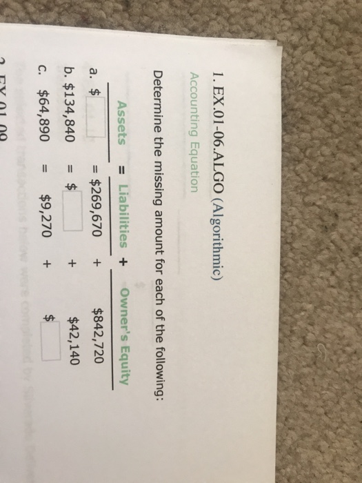 Solved 1. EX.01-06.ALGO (Algorithmic) Accounting Equation | Chegg.com