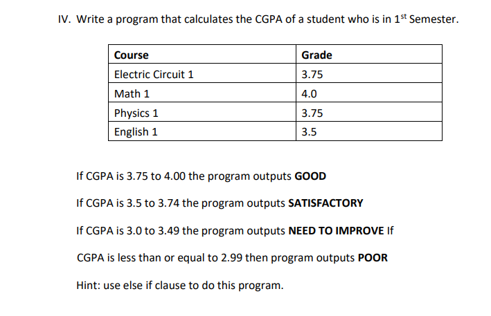 Solved IV. Write a program that calculates the CGPA of a | Chegg.com