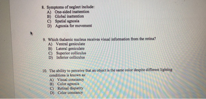 Solved 8. Symptoms of neglect include: A) One-sided | Chegg.com