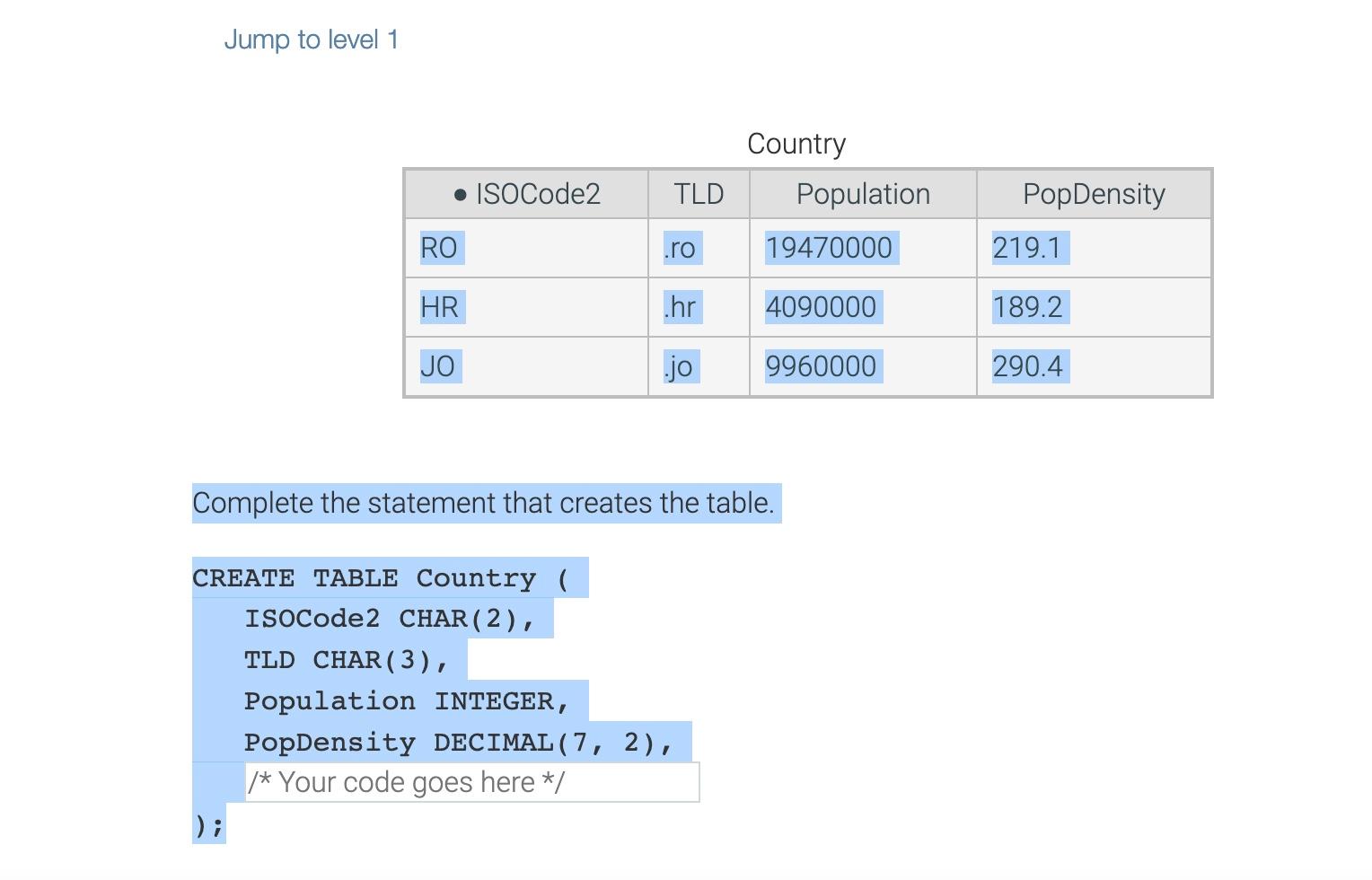 Solved CREATE TABLE Country ( ISOCode3 CHAR(3), IndepDate | Chegg.com