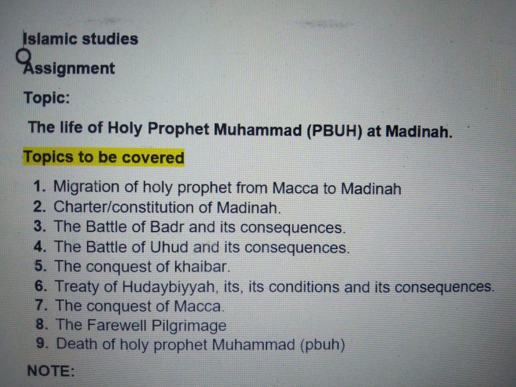Solved Islamic studies Assignment Topic: The life of Holy | Chegg.com