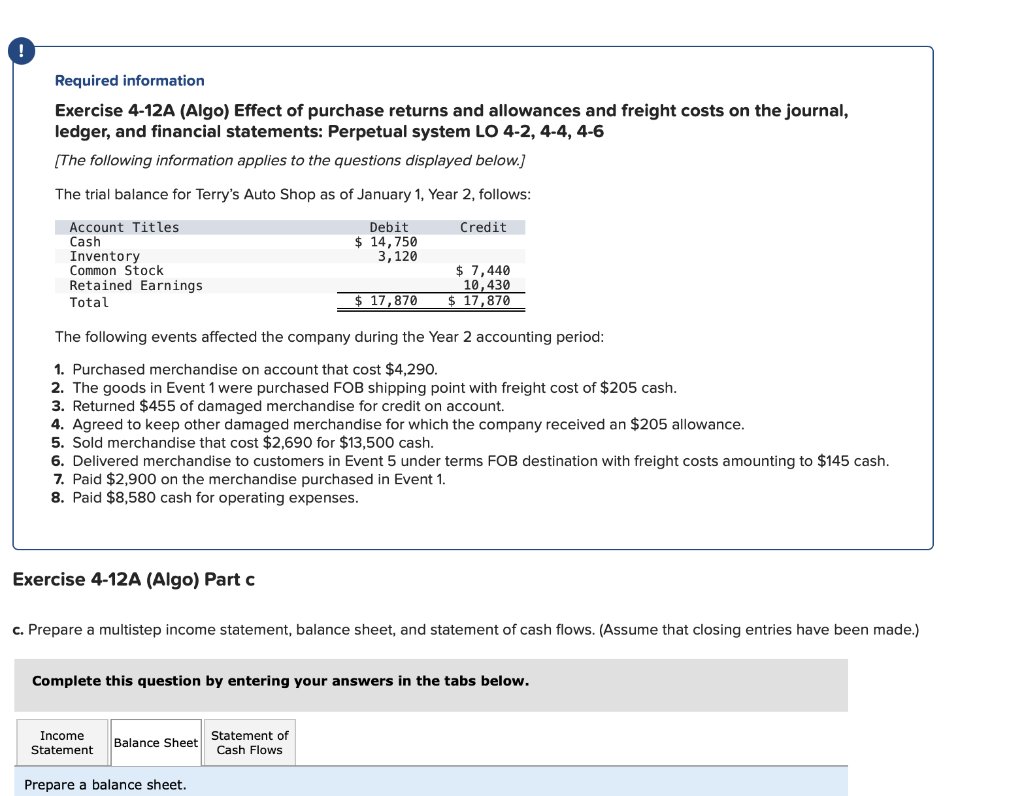 Solved Required information Exercise 4-12A (Algo) Effect of | Chegg.com