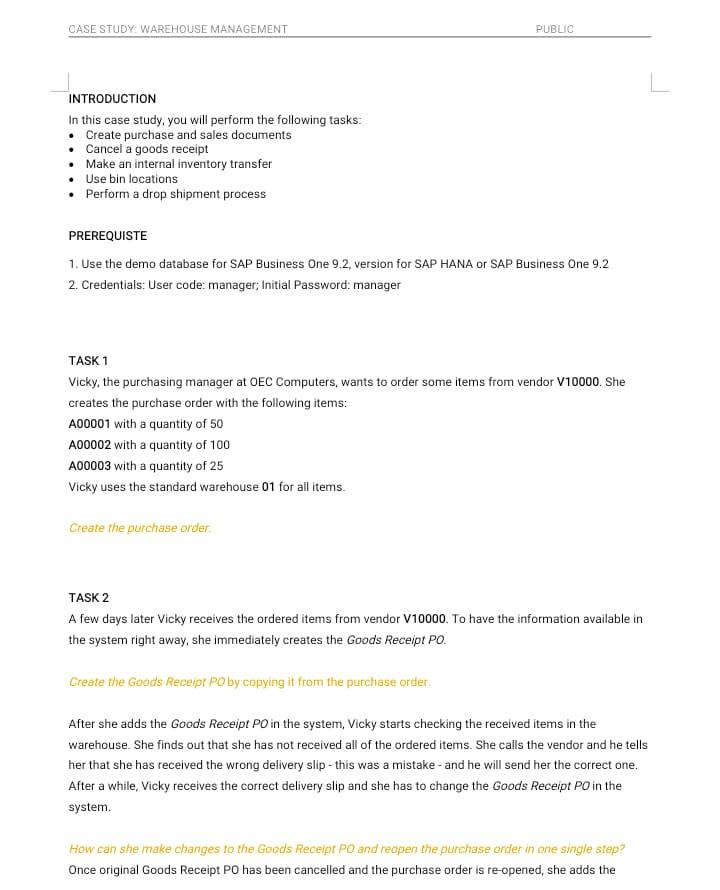 Solved Case Study: Warehouse Management SAP Business One | Chegg.com