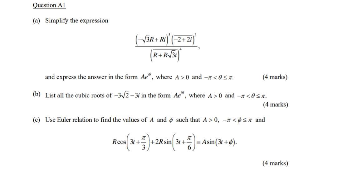 Solved Question A1 (a) Simplify the expression (-3R+Ri) | Chegg.com