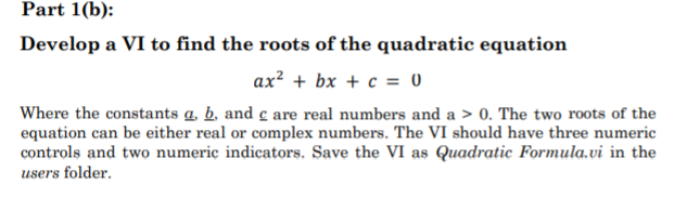 Solved Part 1(b): Develop a VI to find the roots of the | Chegg.com