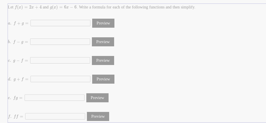 Solved Let f(x) = 2x + 4 and g(x) = 60 – 6. Write a formula | Chegg.com
