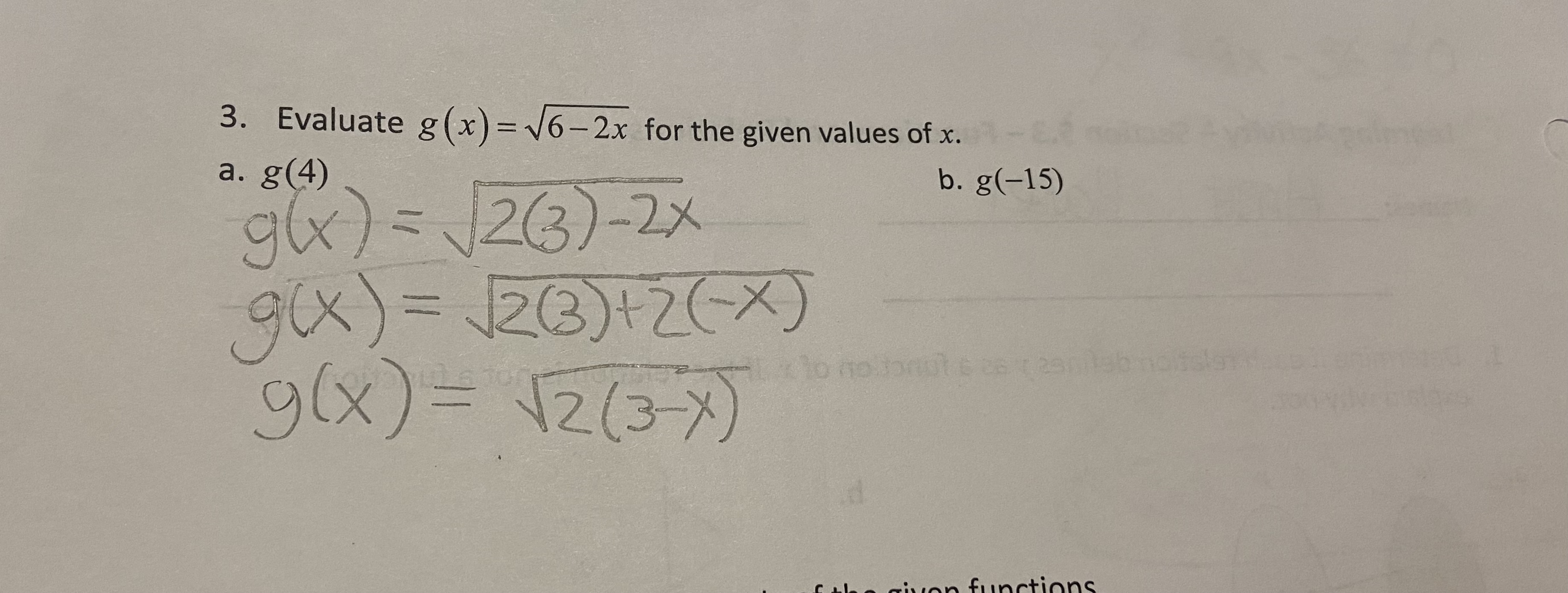 Solved 3. Evaluate g(x)=6−2x for the given values of x | Chegg.com