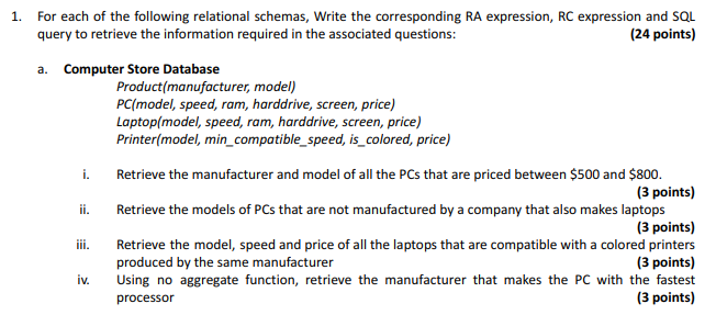 Solved 1. For each of the following relational schemas, | Chegg.com