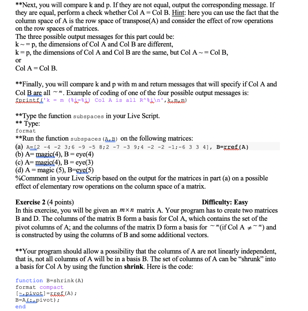 Part I. Subspaces & Bases Exercise 1 (6 points) | Chegg.com