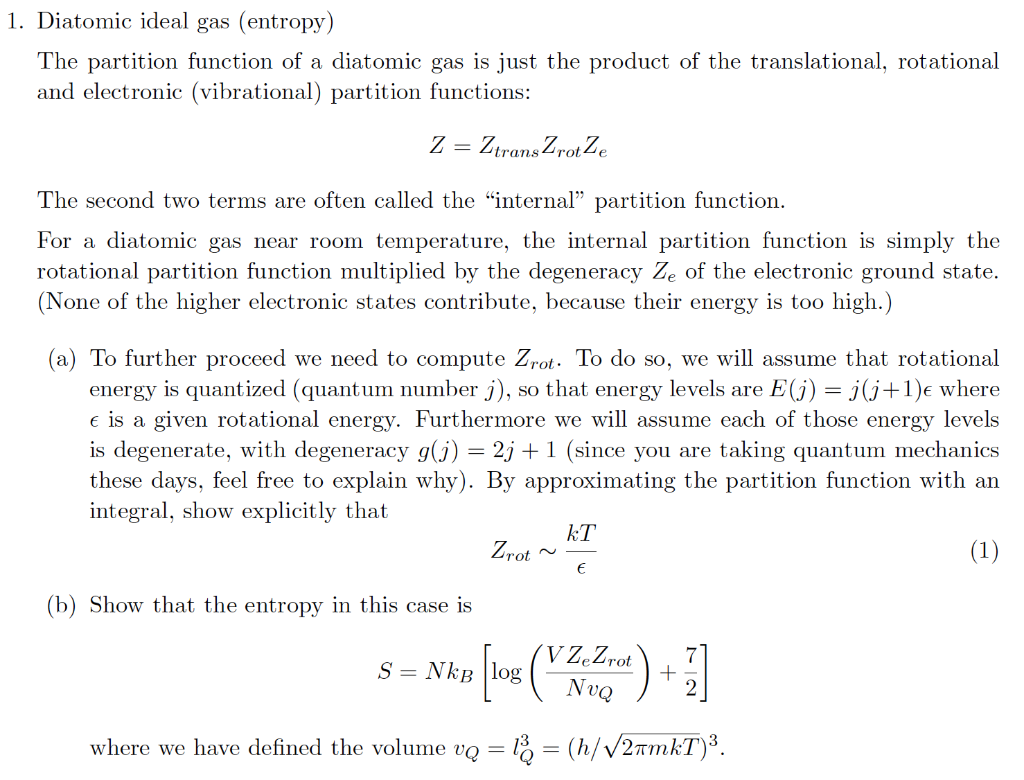 Solved 1 Diatomic Ideal Gas Entropy The Partition