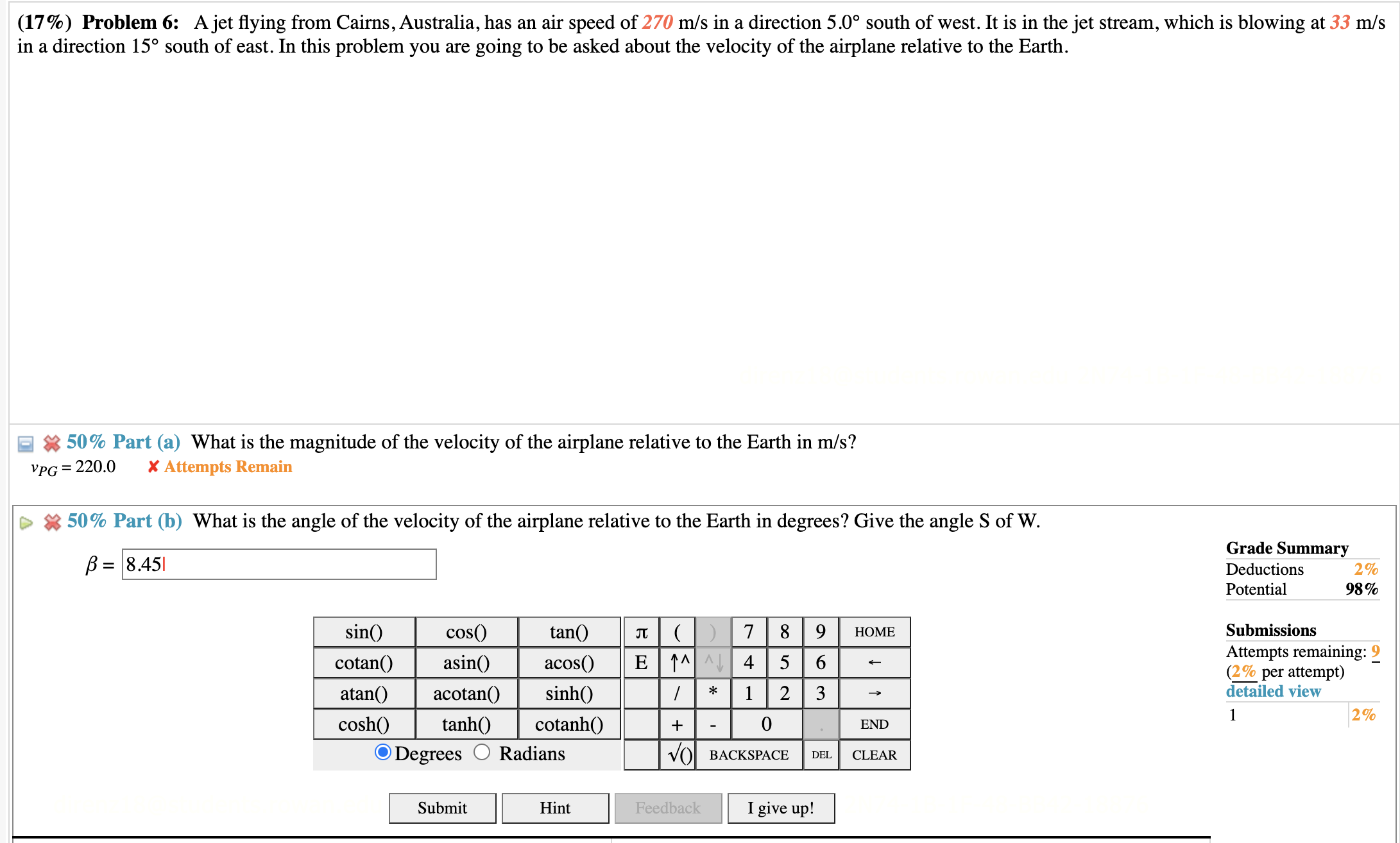 Solved (17\%) Problem 6: A jet flying from Cairns, | Chegg.com