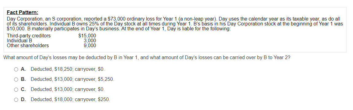 Solved Fact Pattern: Day Corporation, an S corporation, | Chegg.com