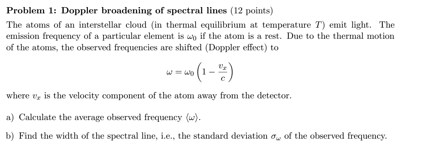 Solved Problem 1: Doppler broadening of spectral lines (12 | Chegg.com